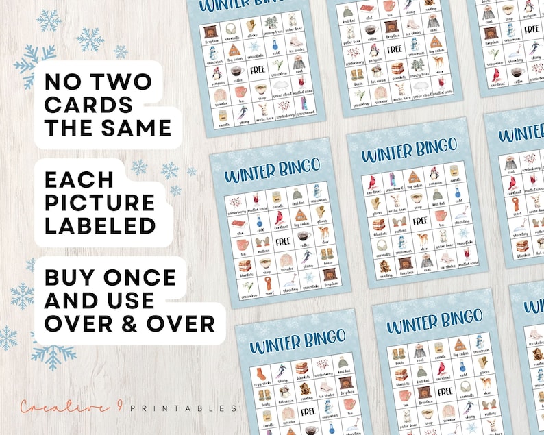 Printable Winter Bingo Game for Kids and Adults, 50 Bingo Cards and ...