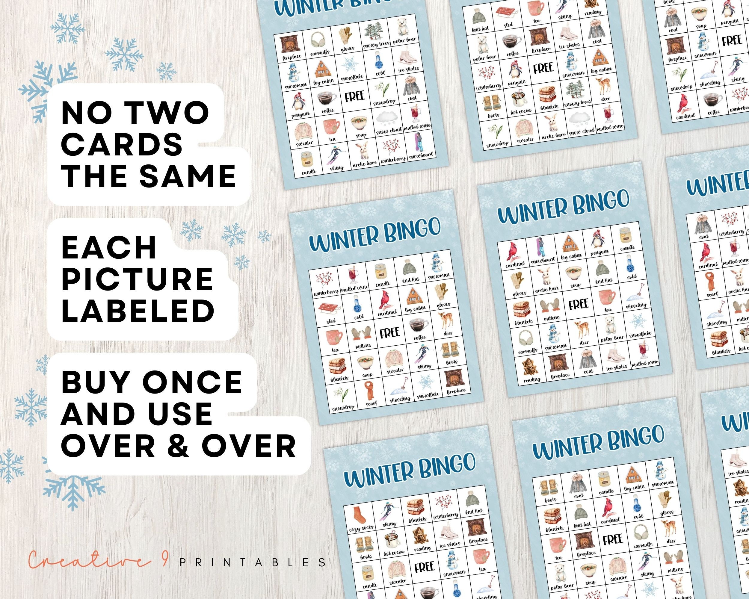 Printable Winter Bingo Game for Kids and Adults, 50 Bingo Cards and ...