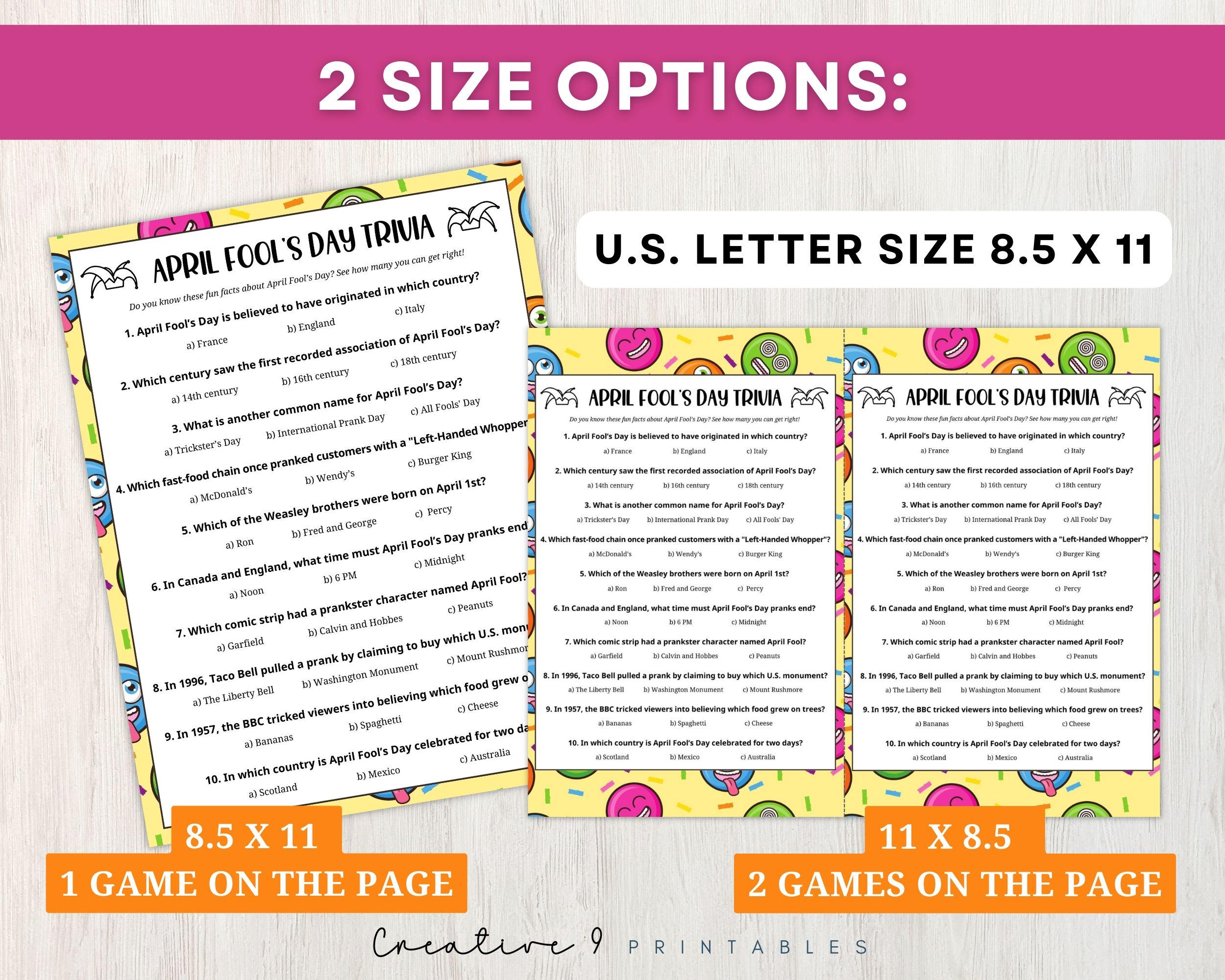 April Fool's Day Trivia Printable Game for Kids and Adults, 10 Trivia ...