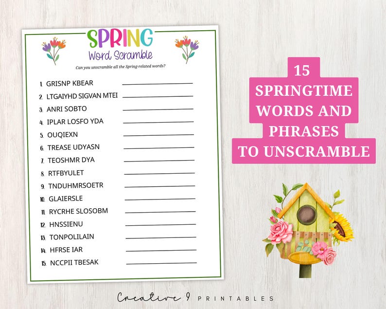 Spring Word Scramble Printable Game for Kids and Adults, 12 Springtime ...