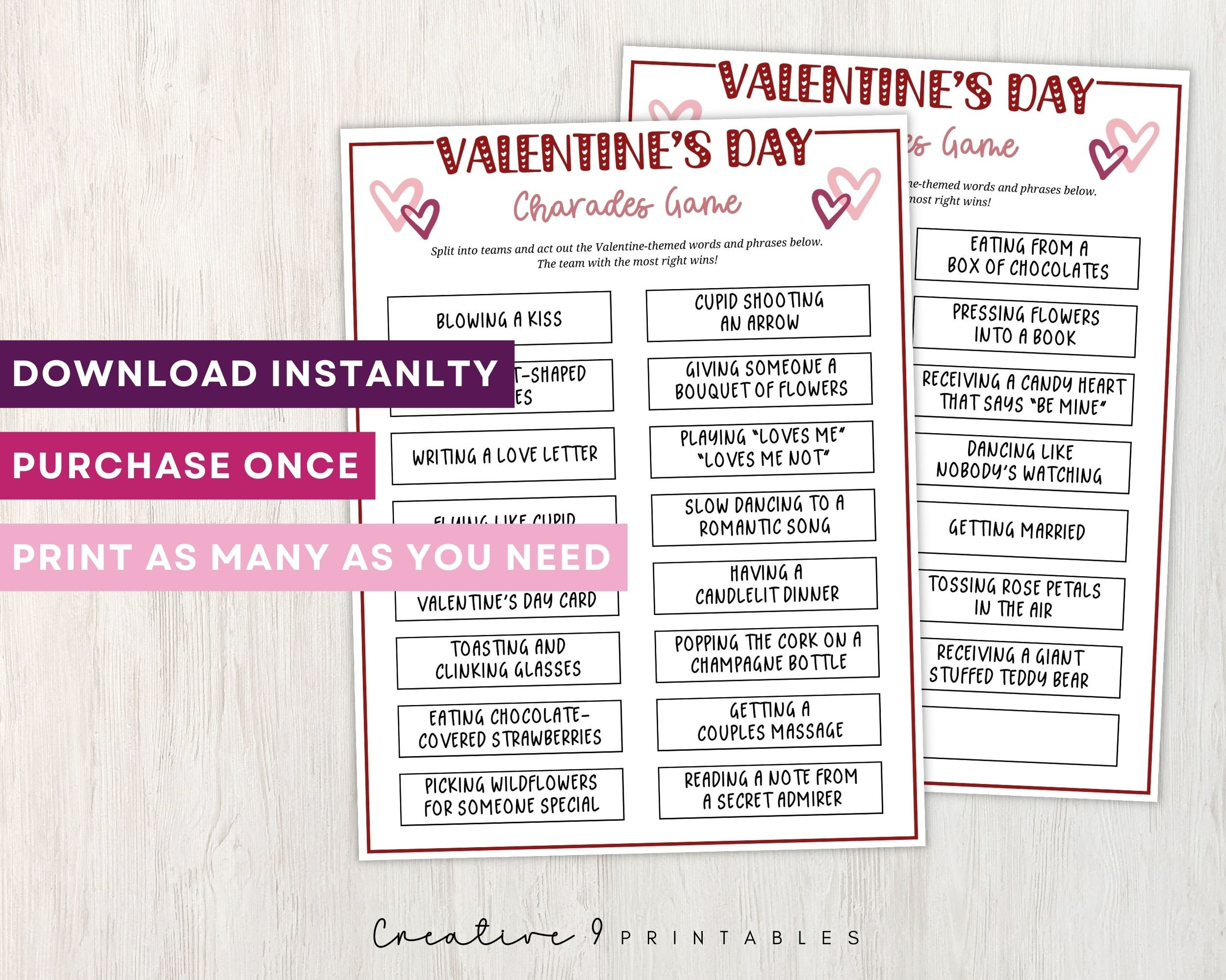 Valentine Charades Printable Game for Kids, 30 Prompts With Valentine ...