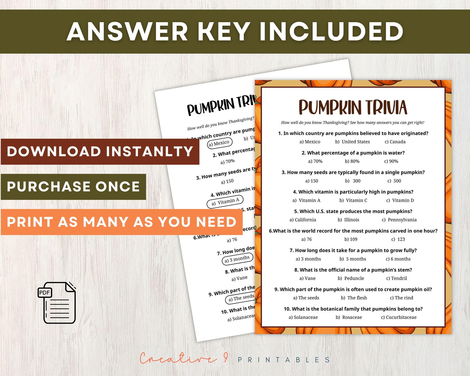 Pumpkin Trivia Game Printable for Kids and Adults, 10 Fall Trivia ...