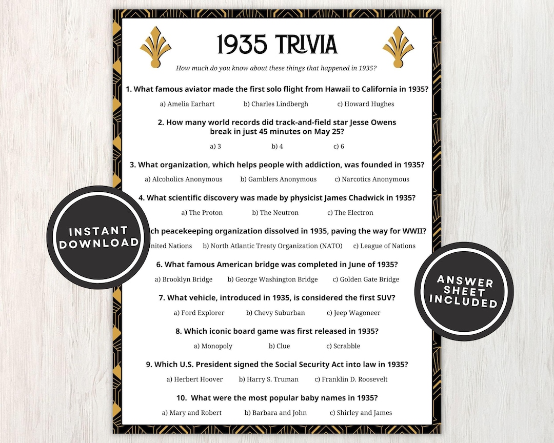 1935 Trivia With Answers, Printable 90th Birthday Game, 10 Fun Quiz ...