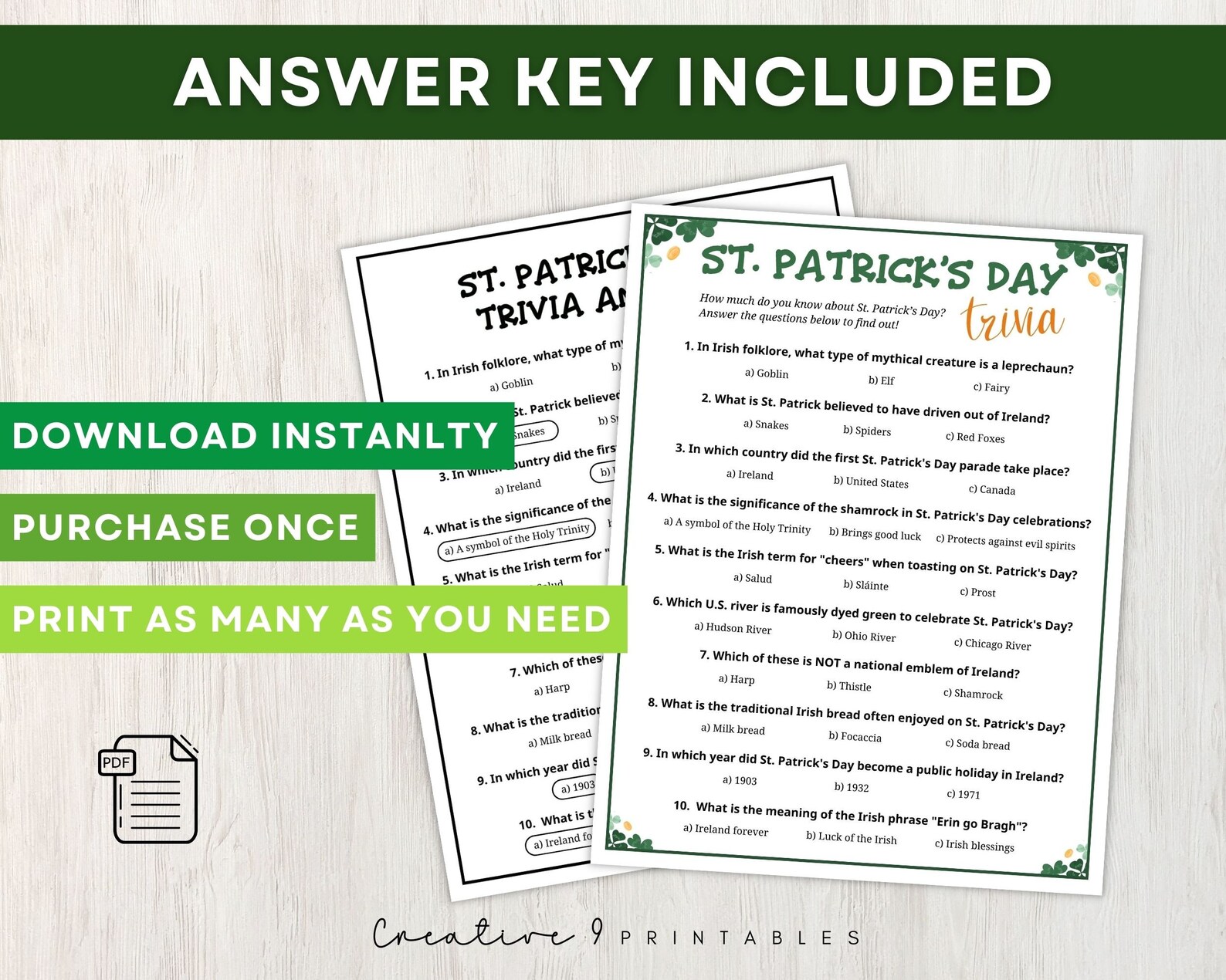 St. Patrick's Day Trivia Game for Kids and Adults, 10 Printable St ...