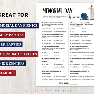 Memorial Day Trivia Game for Kids and Adults, 10 Printable Trivia ...