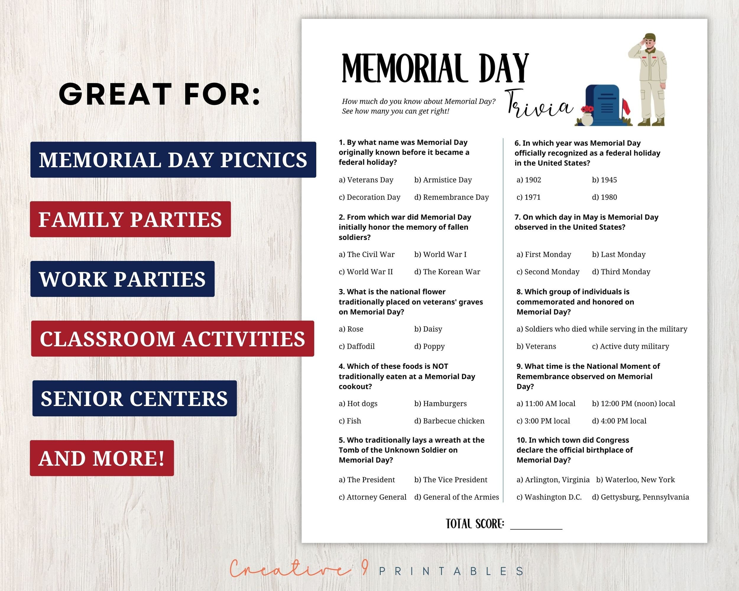 Memorial Day Trivia Game for Kids and Adults, 10 Printable Trivia ...