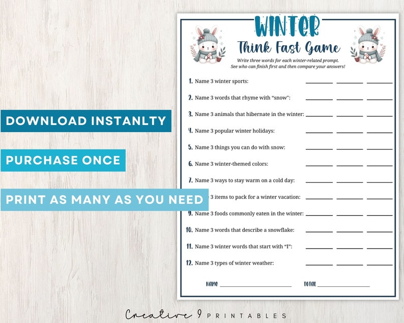 Printable Winter Think Fast Game for Kids and Adults, Think Fast ...