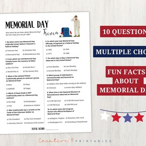 Memorial Day Trivia Game for Kids and Adults, 10 Printable Trivia ...
