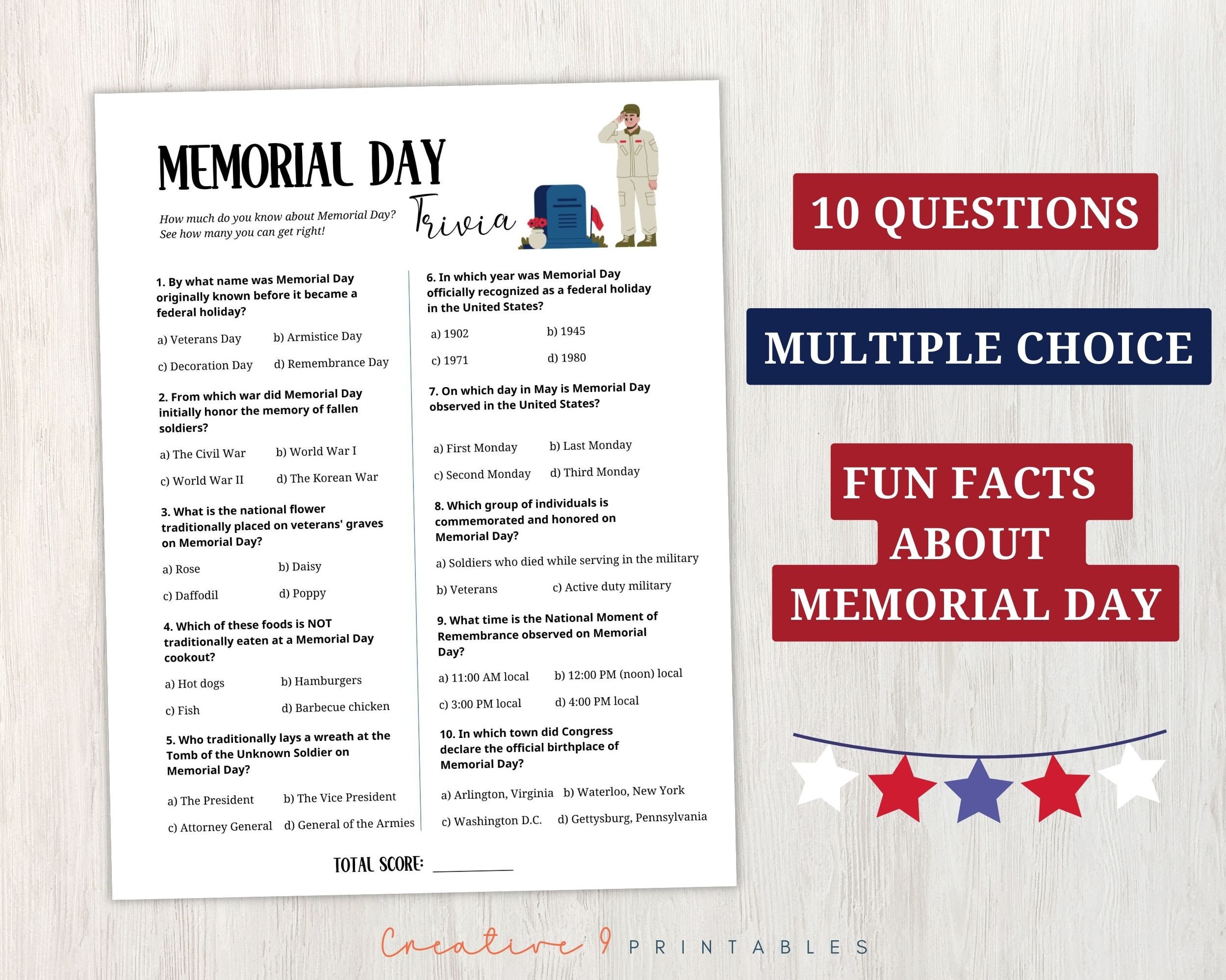 Memorial Day Trivia Game for Kids and Adults, 10 Printable Trivia ...