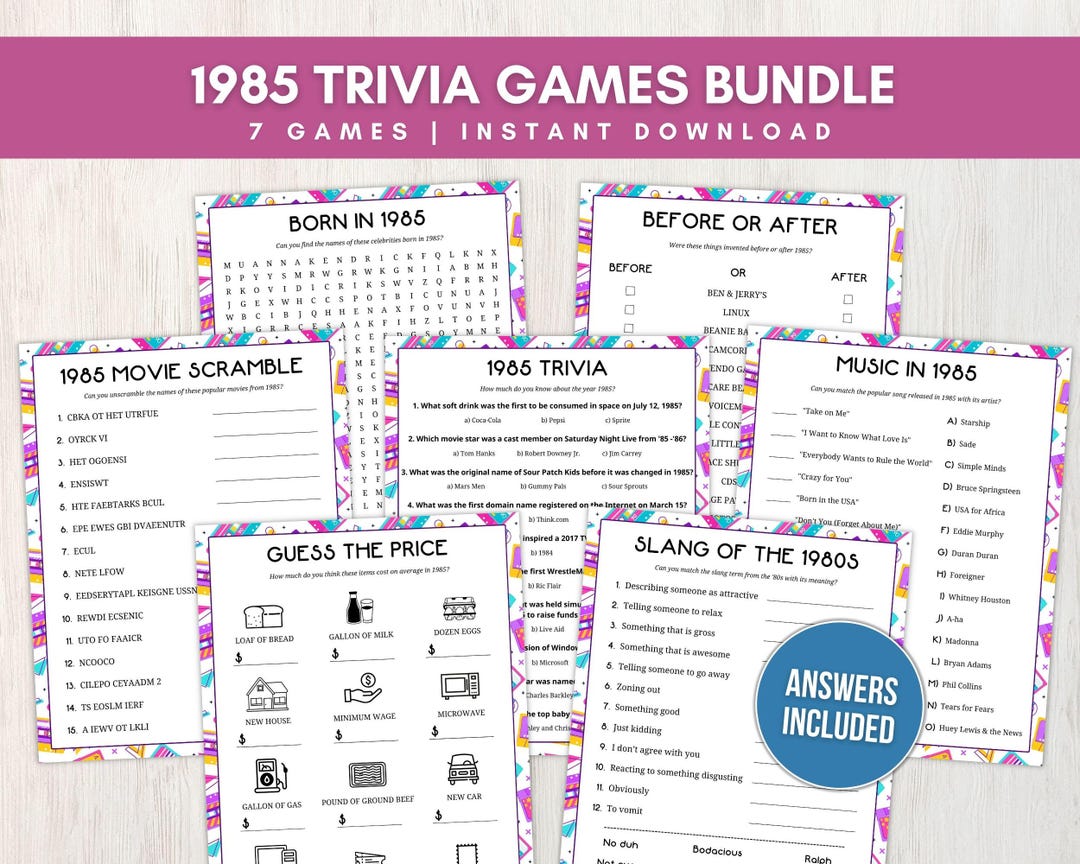 1985 Trivia Bundle for Adults and Kids, 7 Fun Printable 39th Party ...