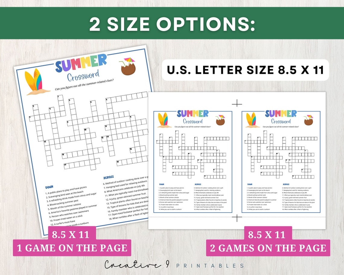 Summer Crossword Puzzle for Kids and Adults, Fun Printable Summertime ...
