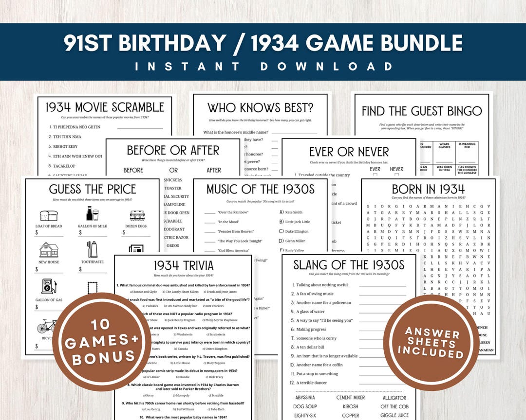 91st Birthday Party Games, Printable Game Bundle With Answer Keys, Born ...