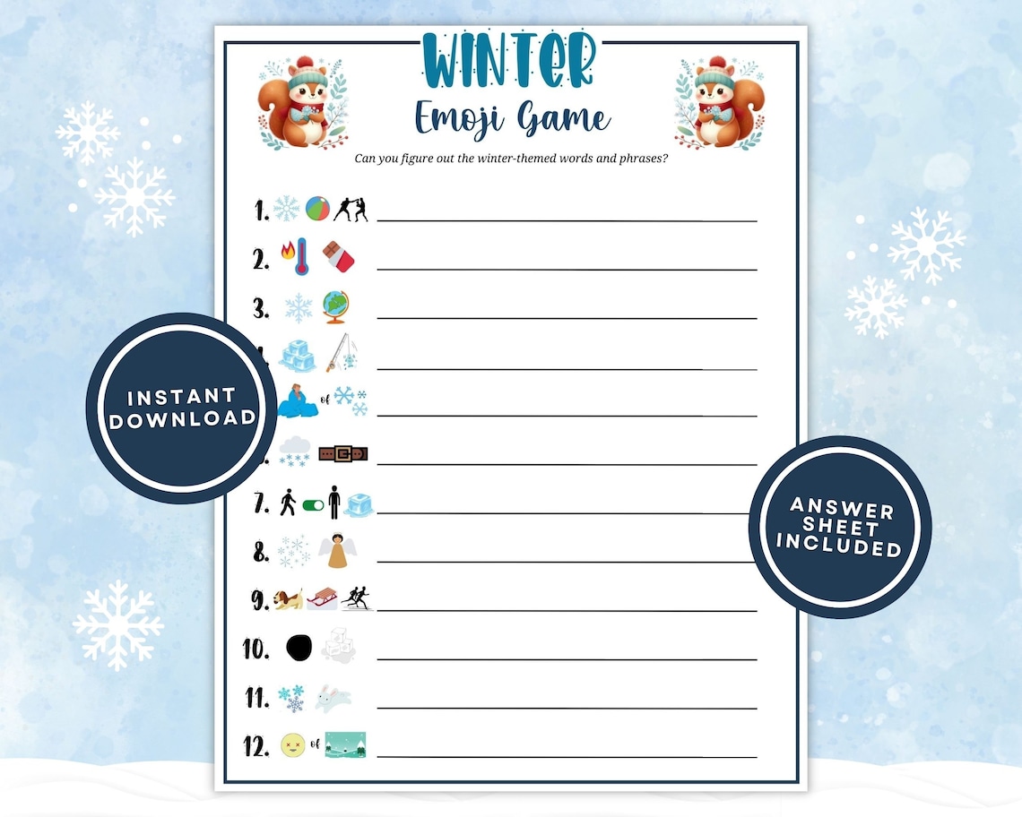 Printable Winter Emoji Game for Kids and Adults, Fun Winter Trivia Game ...