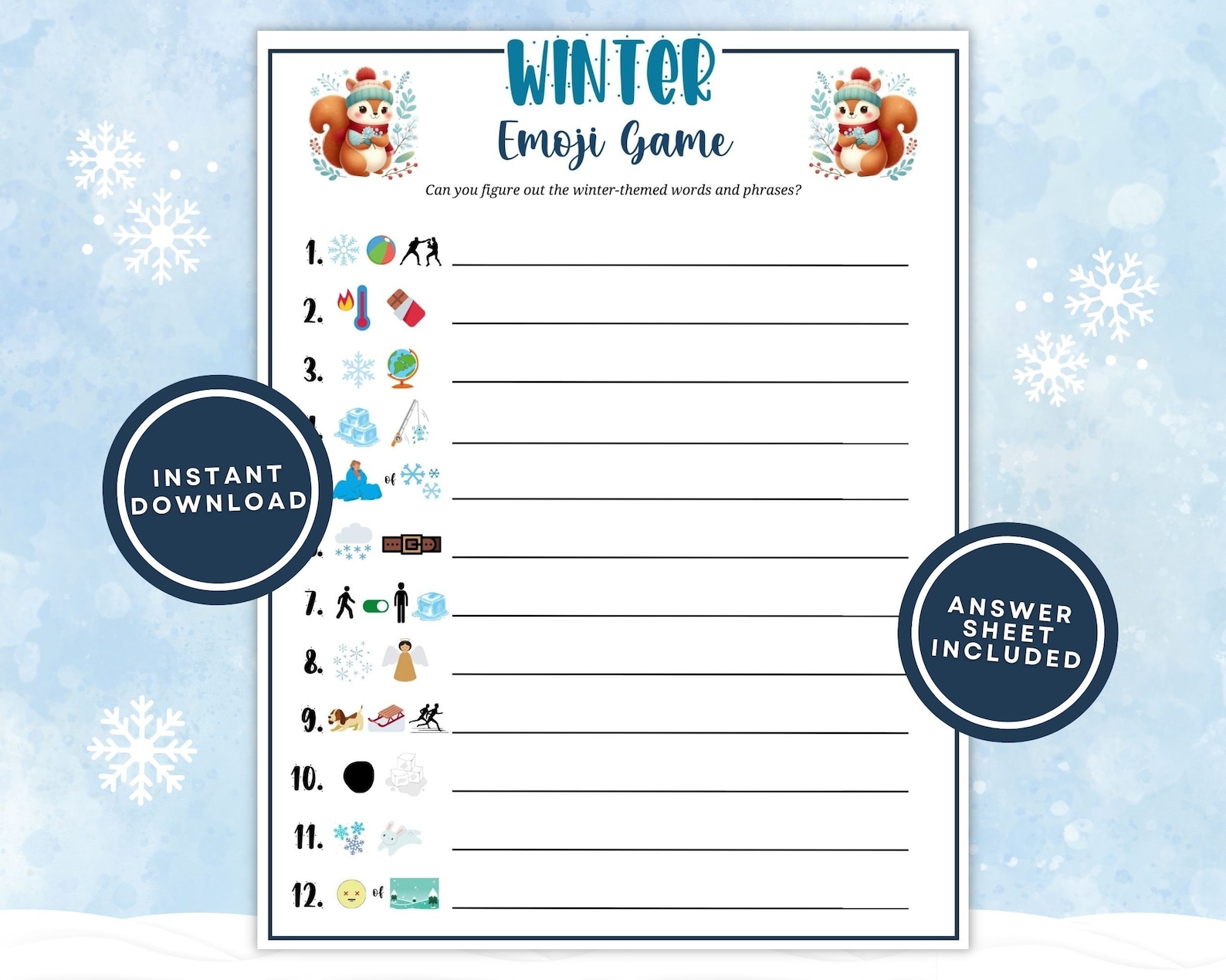Printable Winter Emoji Game for Kids and Adults, Fun Winter Trivia Game ...