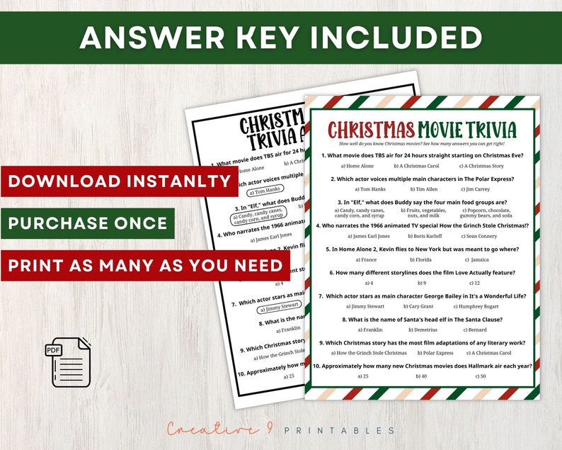 Printable Christmas Movie Trivia Game for Adults and Kids, 10 Fun ...