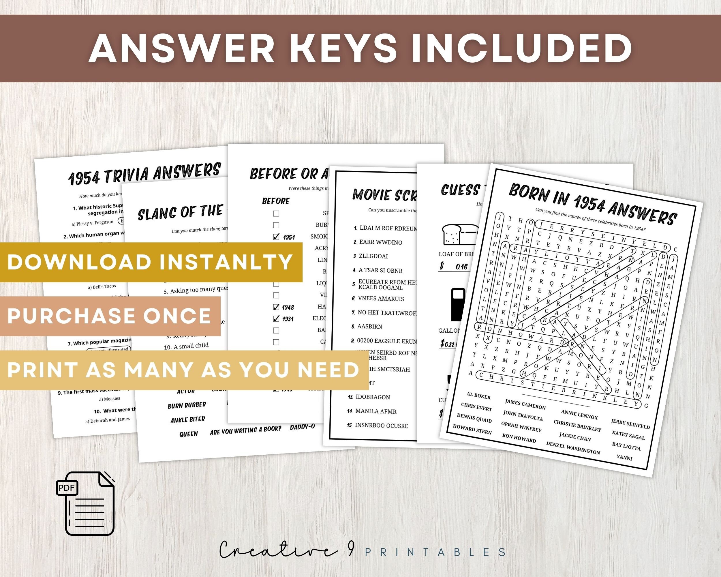 70th Birthday Party Games, Printable Game Bundle With Answer Keys, Born ...