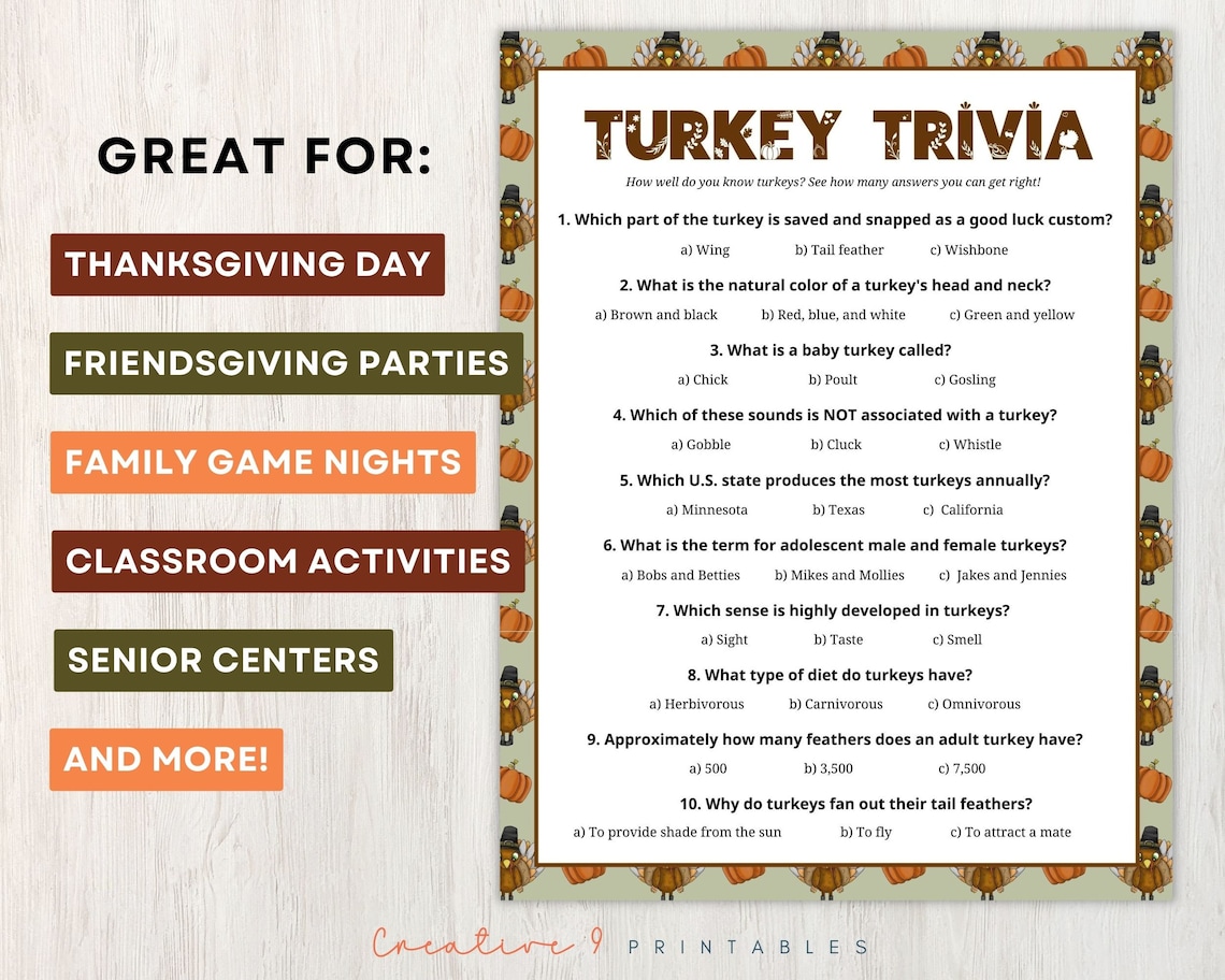 Printable Turkey Trivia Game for Kids and Adults, 10 Thanksgiving ...