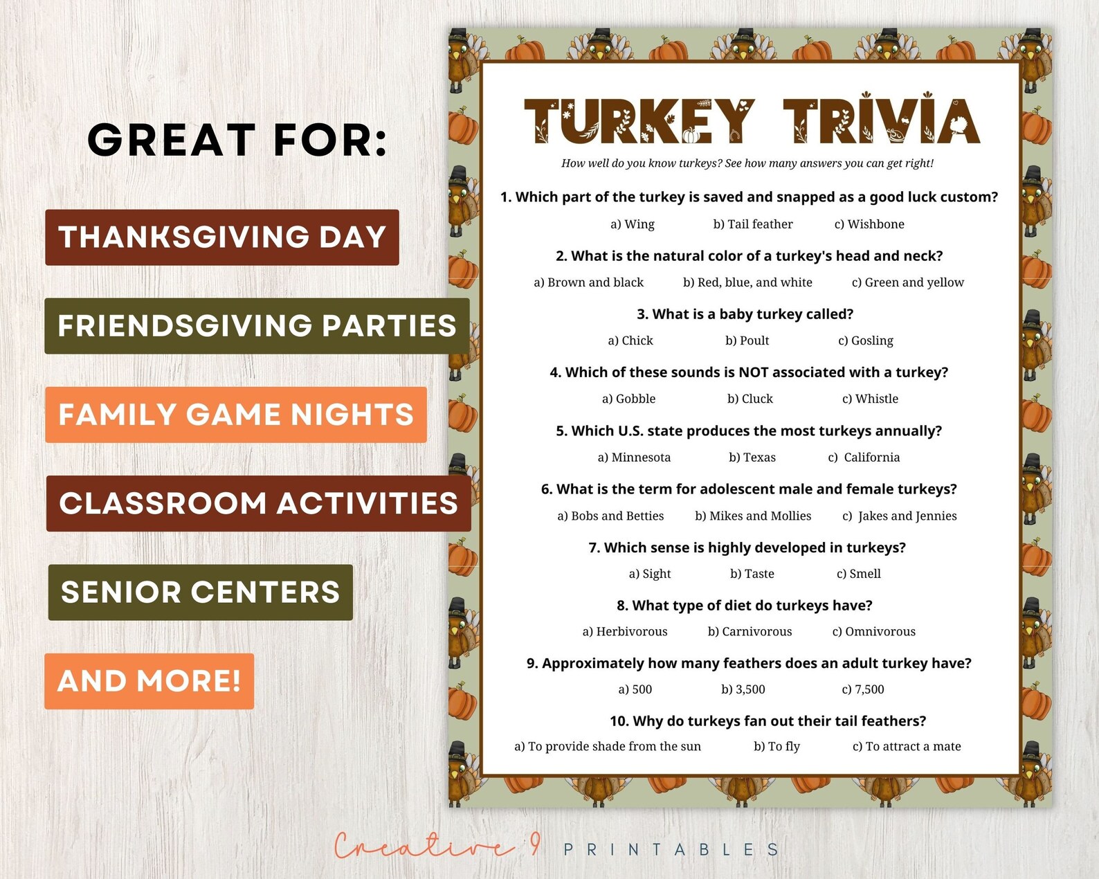 Printable Turkey Trivia Game for Kids and Adults, 10 Thanksgiving ...