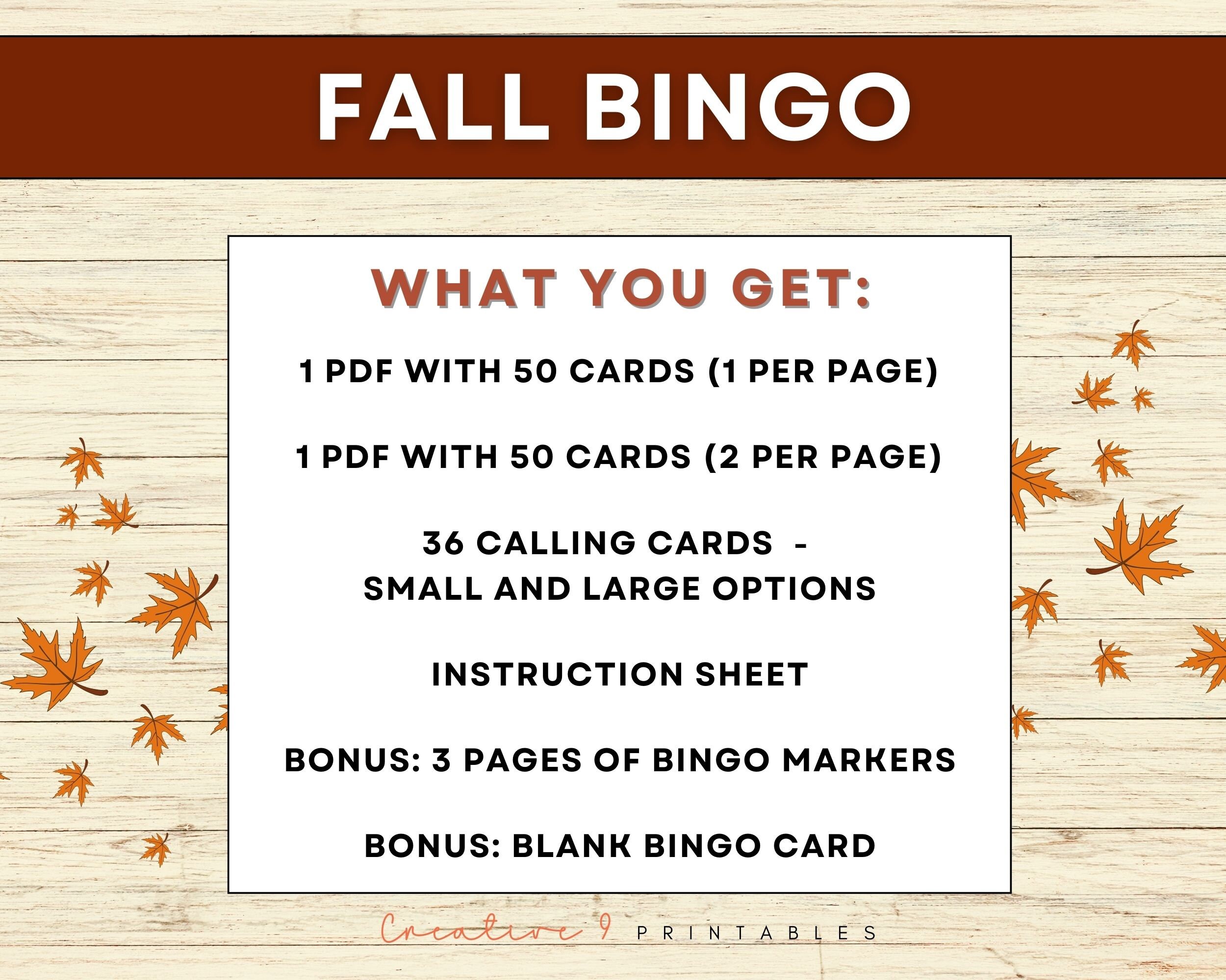 Printable Fall Bingo Game for Kids and Adults, 50 Bingo Cards and Bonus ...