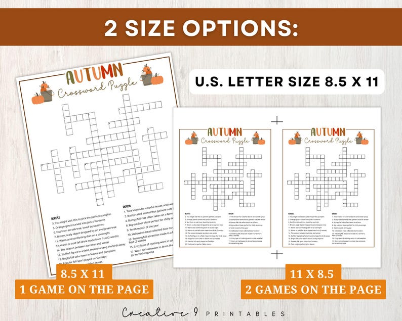 Fall Crossword Puzzle for Kids & Adults, Printable Fall Word Game, Fun ...