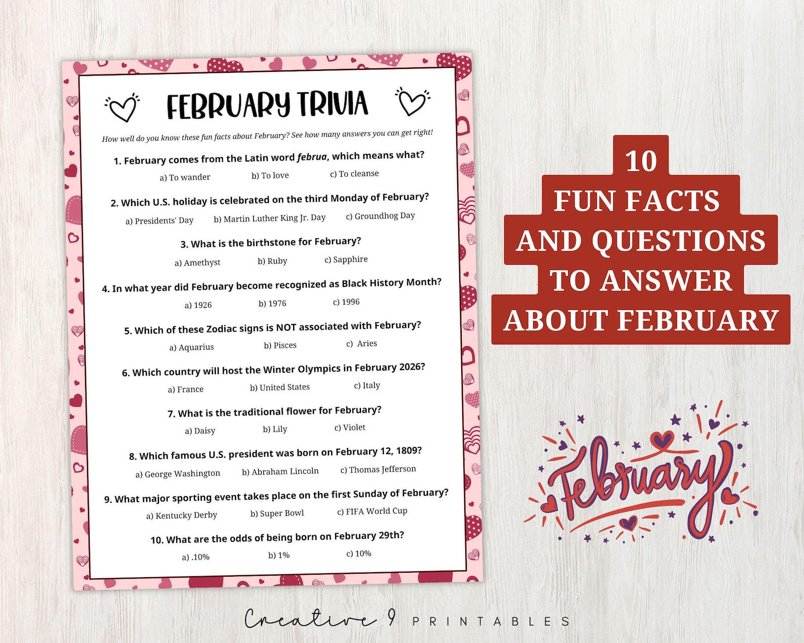 February Trivia Printable Game for Kids and Adults, 10 Fun Facts Quiz ...