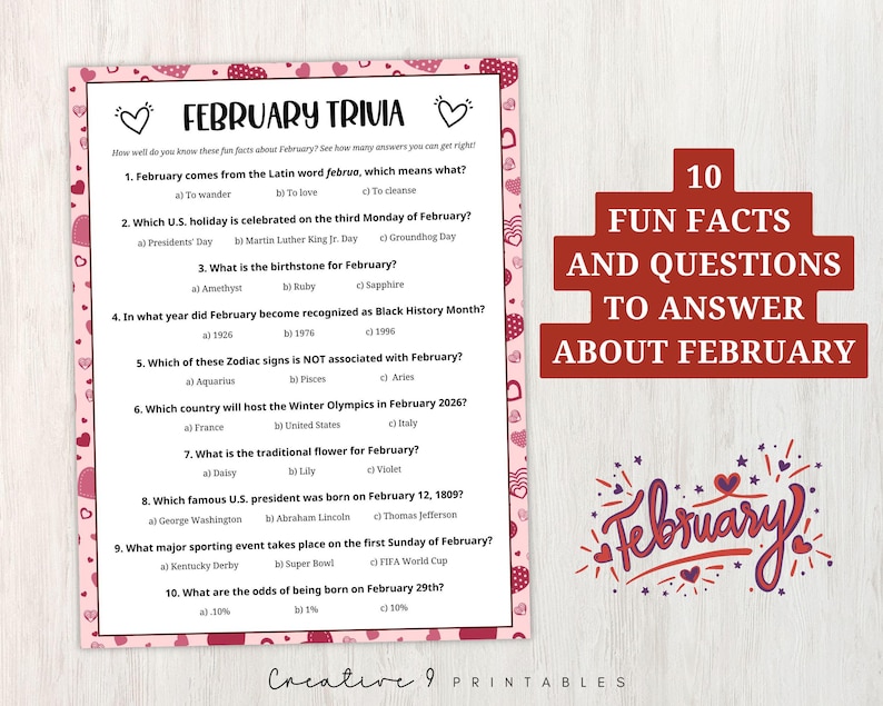 February Trivia Printable Game for Kids and Adults, 10 Fun Facts Quiz ...