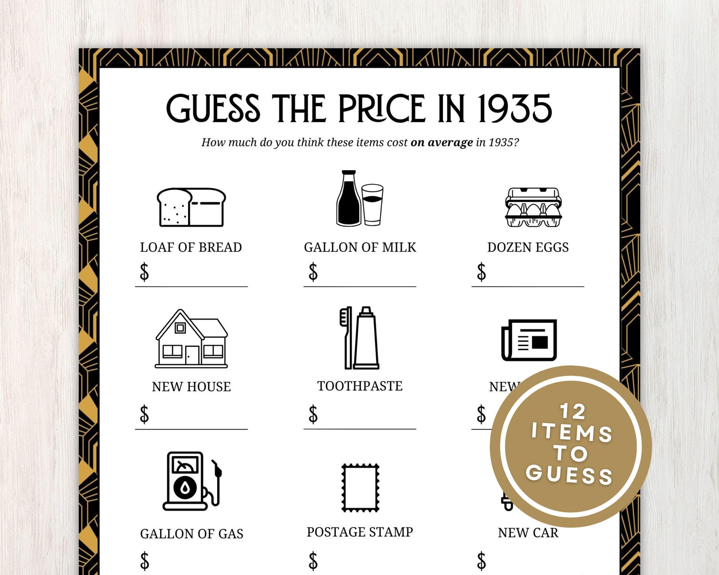 1935 Guess the Price Game, 90th Birthday Party Games, Back in 1935 ...