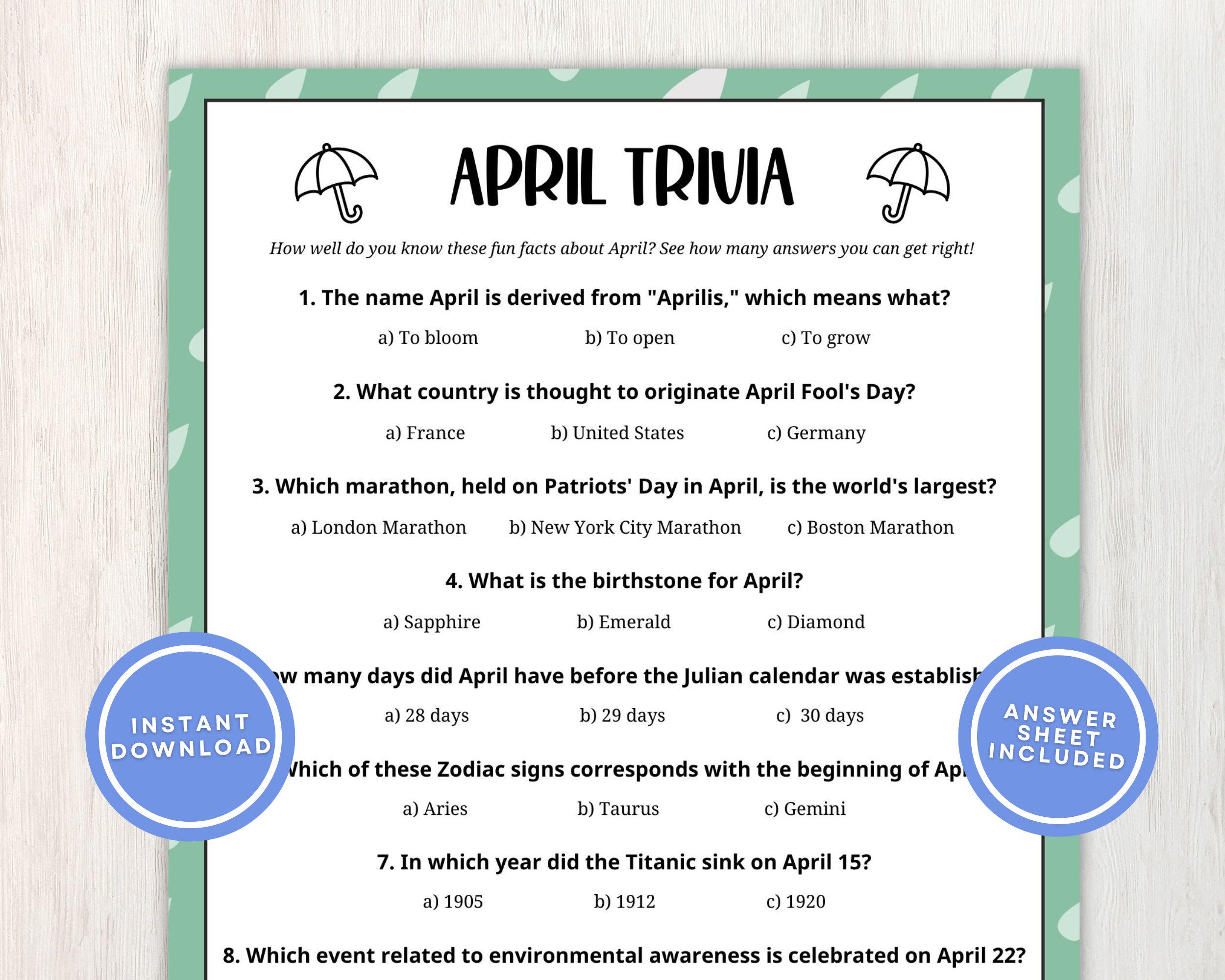 April Trivia Printable Game for Kids and Adults, 10 Fun Facts Quiz ...