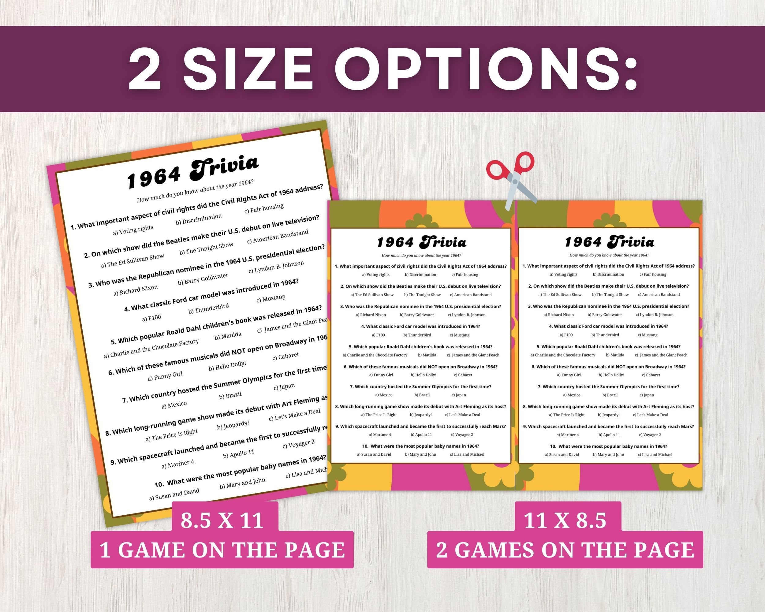 1964 Trivia Game Bundle for Adults, Seven Fun Printable 61st Party ...