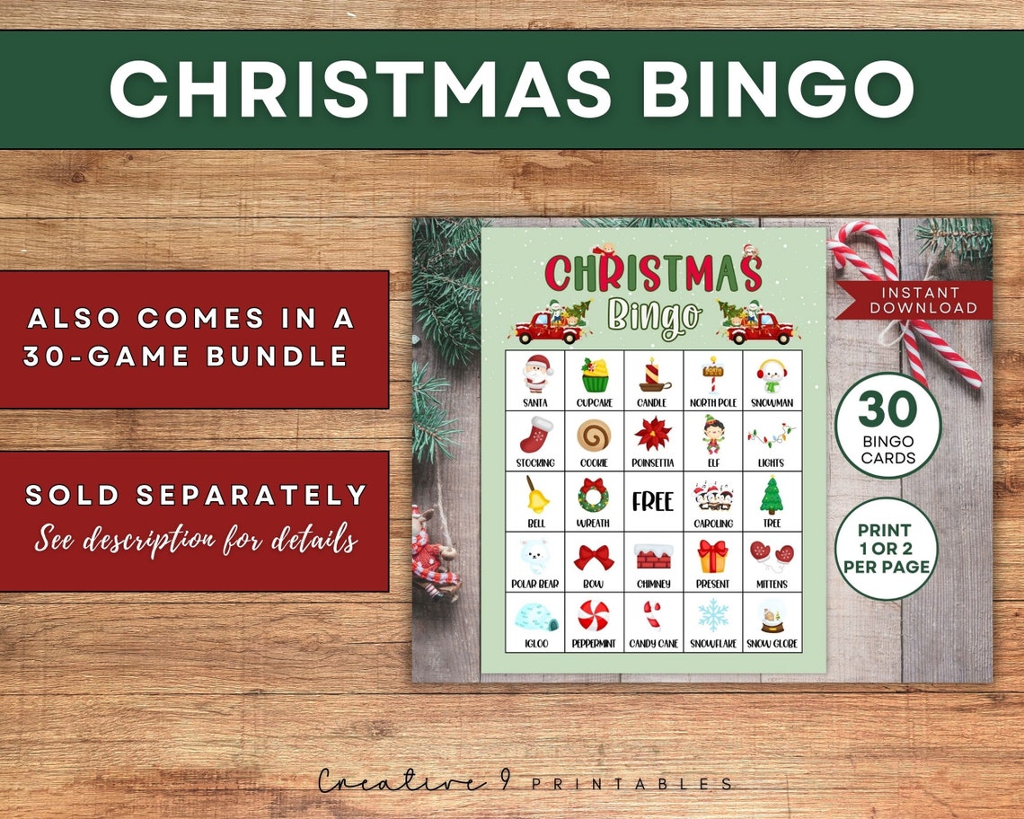 Printable Christmas Bingo Game for Kids and Adults, 50 Printable ...