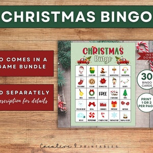 Printable Christmas Bingo Game for Kids and Adults, 50 Printable ...