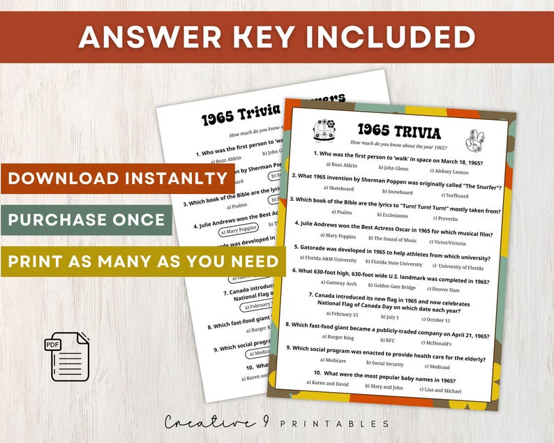 1965 Trivia With Answers, 60th Birthday Party, 60th Anniversary, Born ...