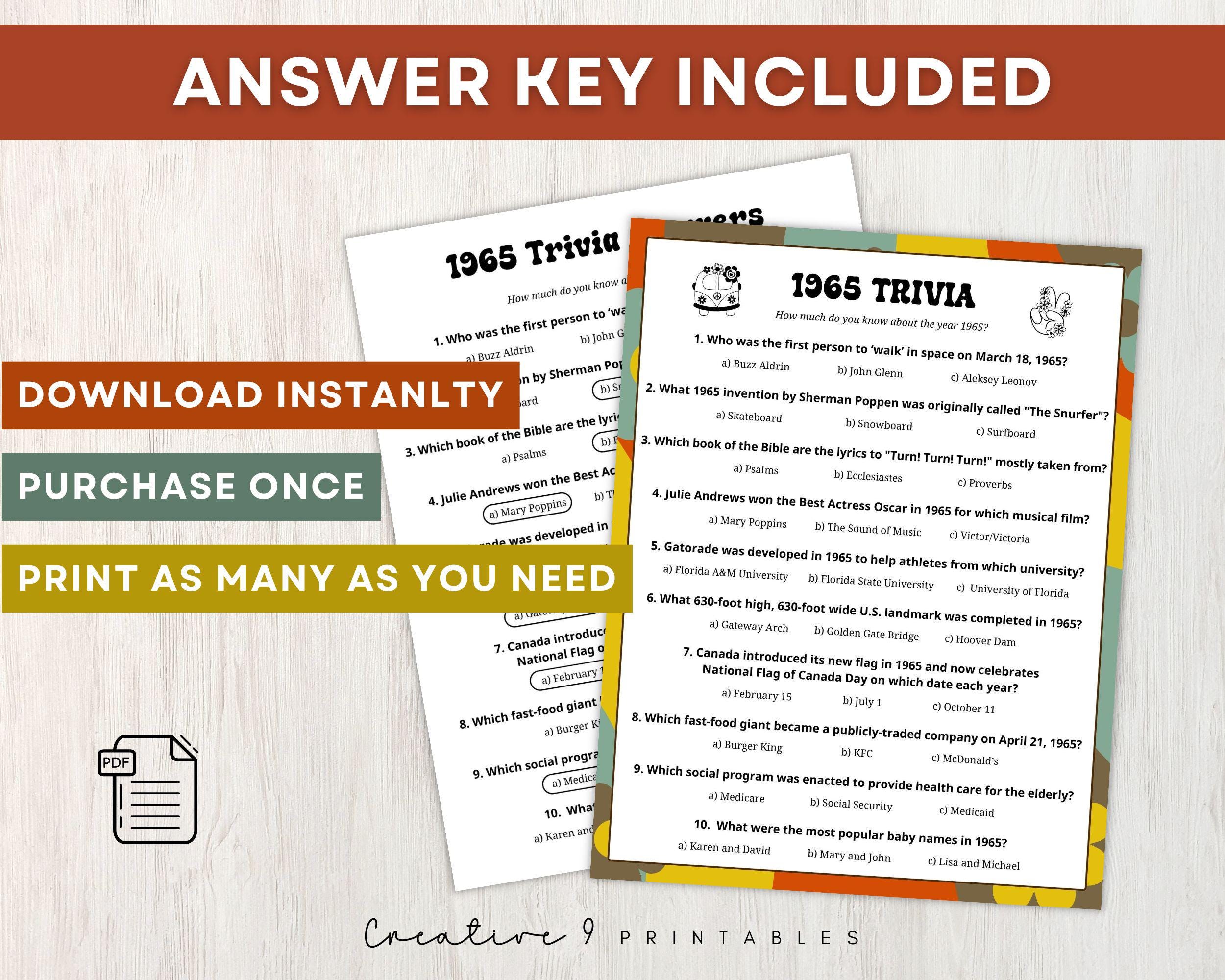 1965 Trivia With Answers, 60th Birthday Party, 60th Anniversary, Born ...