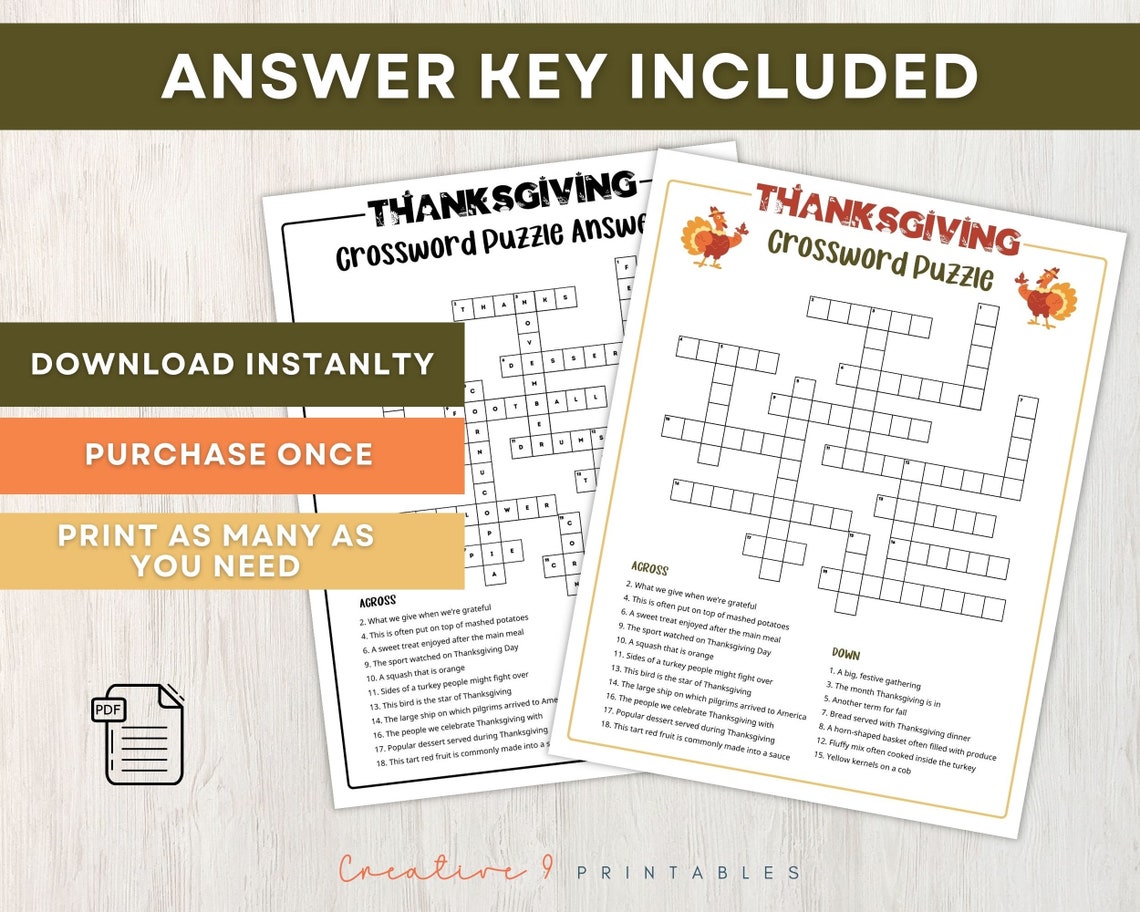 Printable Thanksgiving Crossword Puzzle for Kids and Adults, Crossword ...