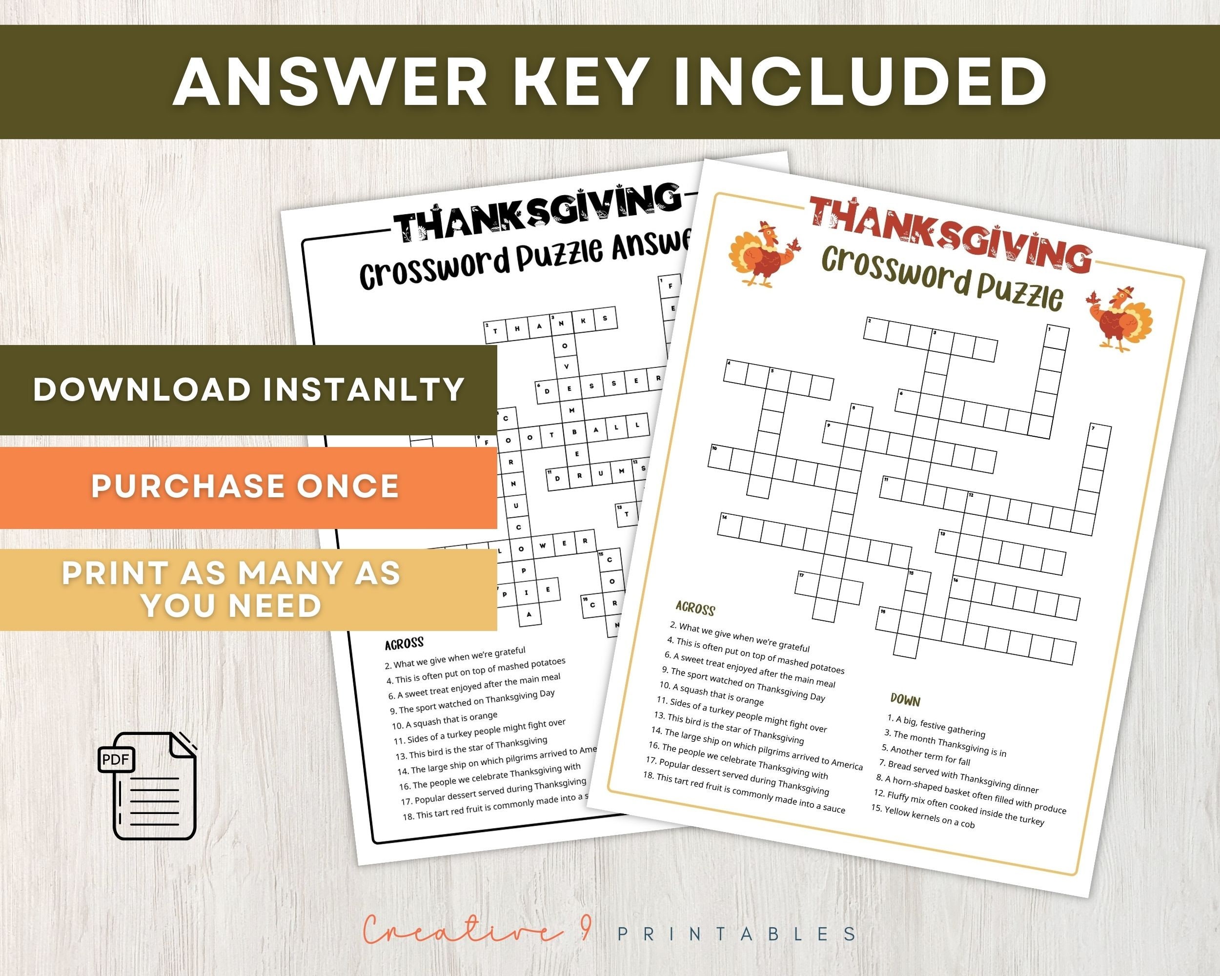 Printable Thanksgiving Crossword Puzzle for Kids and Adults, Crossword ...