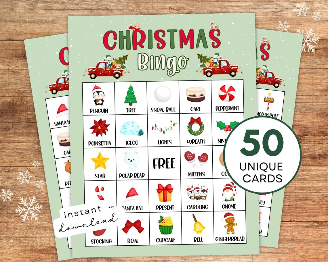 Printable Christmas Bingo Game for Kids and Adults, 50 Printable ...