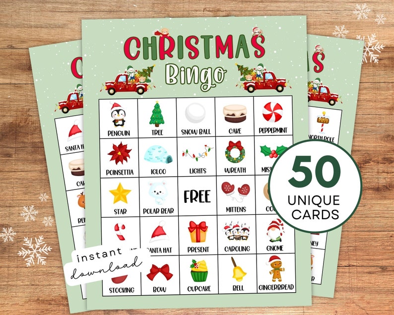 Printable Christmas Bingo Game for Kids and Adults, 50 Printable ...