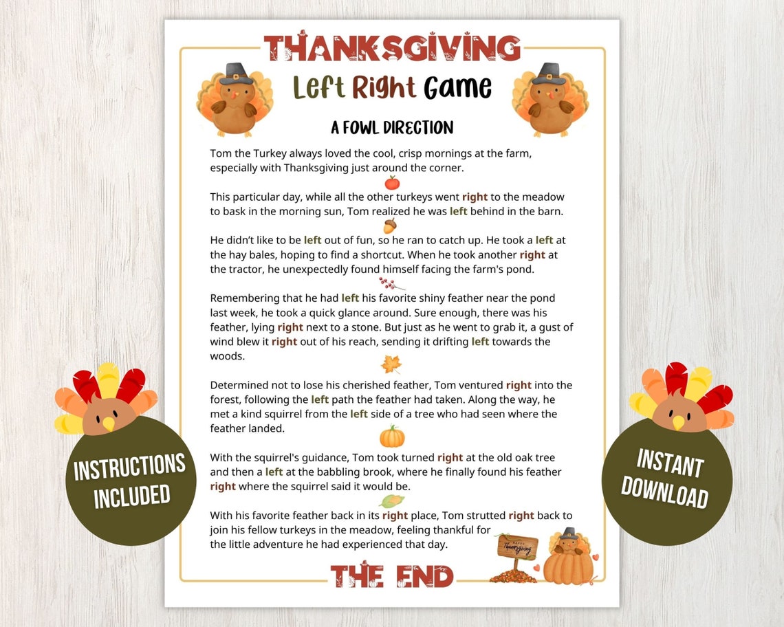 Printable Thanksgiving Left Right Game for Kids and Adults, Pass the ...