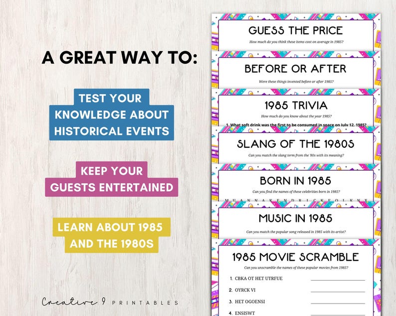 1985 Trivia Bundle for Adults and Kids, 7 Fun Printable 39th Party ...