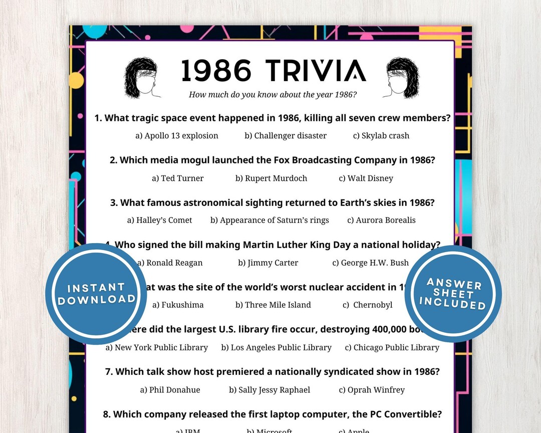1986 Trivia Party Game - Printable for 40th Birthday, Reunion, or ...