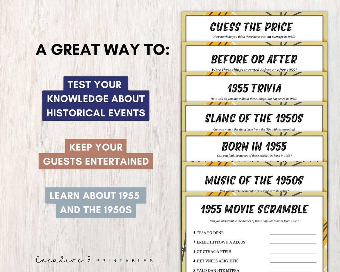1955 Trivia Game Bundle, 70th Birthday Party Games, Born in 1955 ...