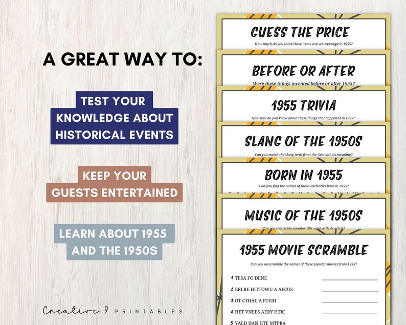 1955 Trivia Game Bundle, 70th Birthday Party Games, Born in 1955 ...