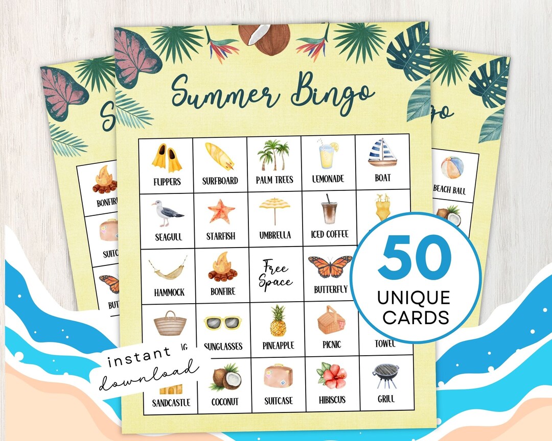 Summer Bingo Printable Game for Kids and Adults, 50 Summertime Bingo ...