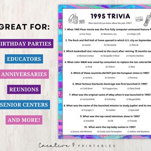 1995 Trivia With Answers, Printable 30th Birthday, Reunion, or ...