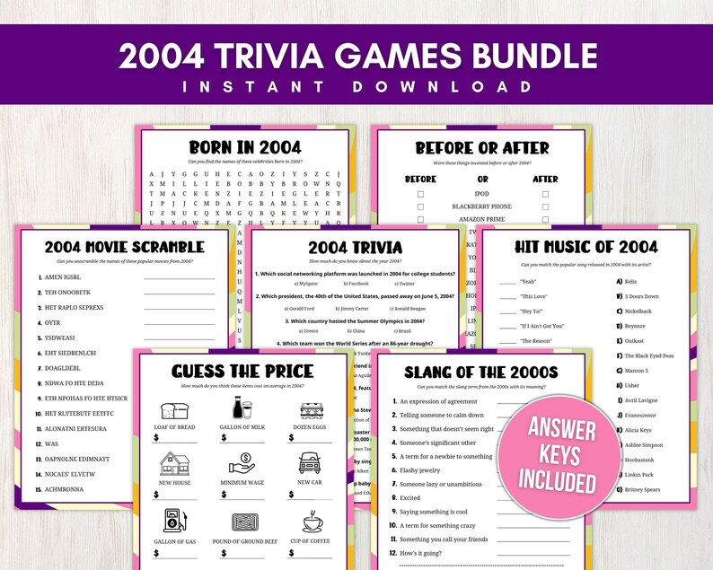 2004 Trivia Bundle for Adults and Kids, 7 Fun Printable 21st Party ...