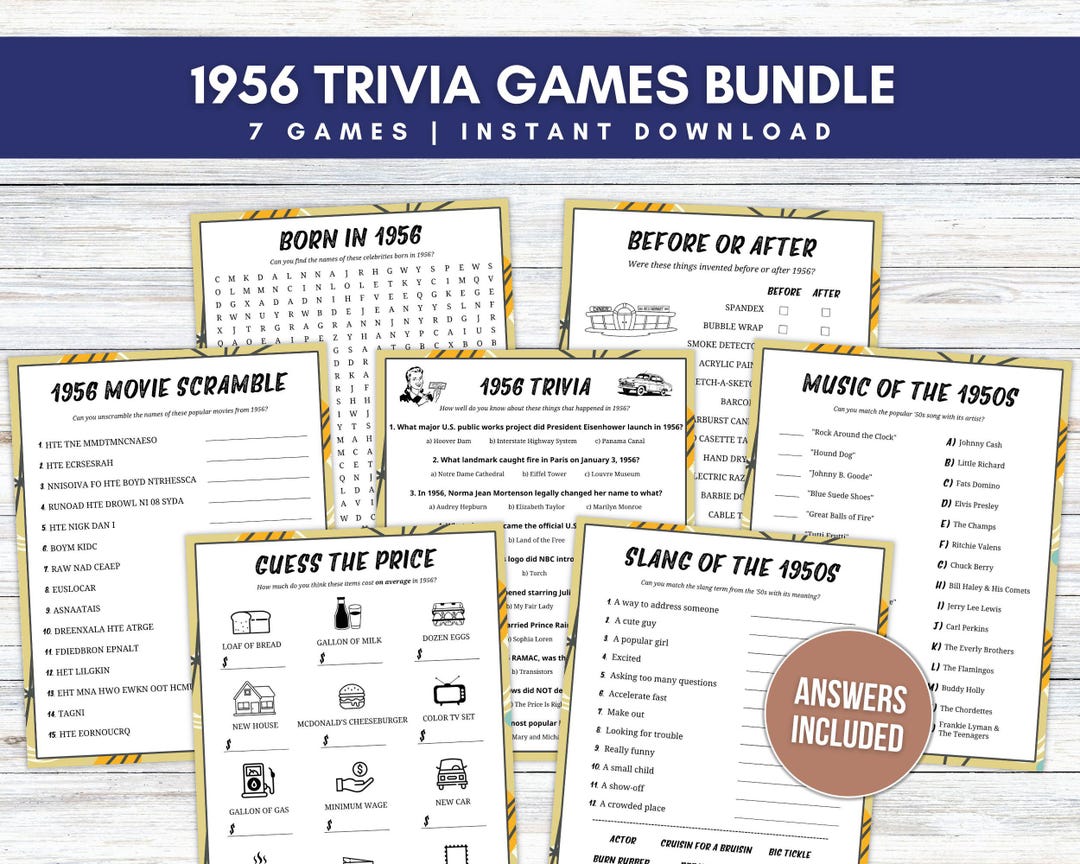 1956 Trivia Game Bundle, 70th Birthday Party Games, Born in 1956 ...