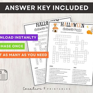 Halloween Crossword Puzzle for Kids and Adults, Fun Printable Halloween ...