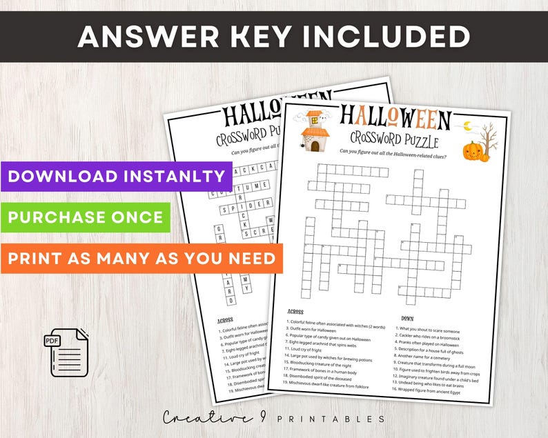 Halloween Crossword Puzzle for Kids and Adults, Fun Printable Halloween ...