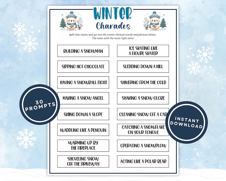 Printable Winter Charades Game for Kids, 30 Prompts With Winter Action ...
