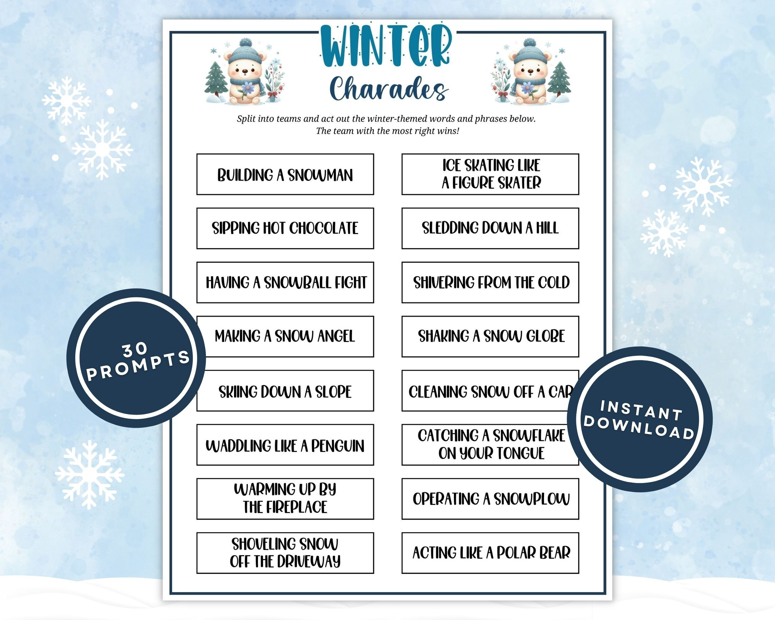 Printable Winter Charades Game for Kids, 30 Prompts With Winter Action ...
